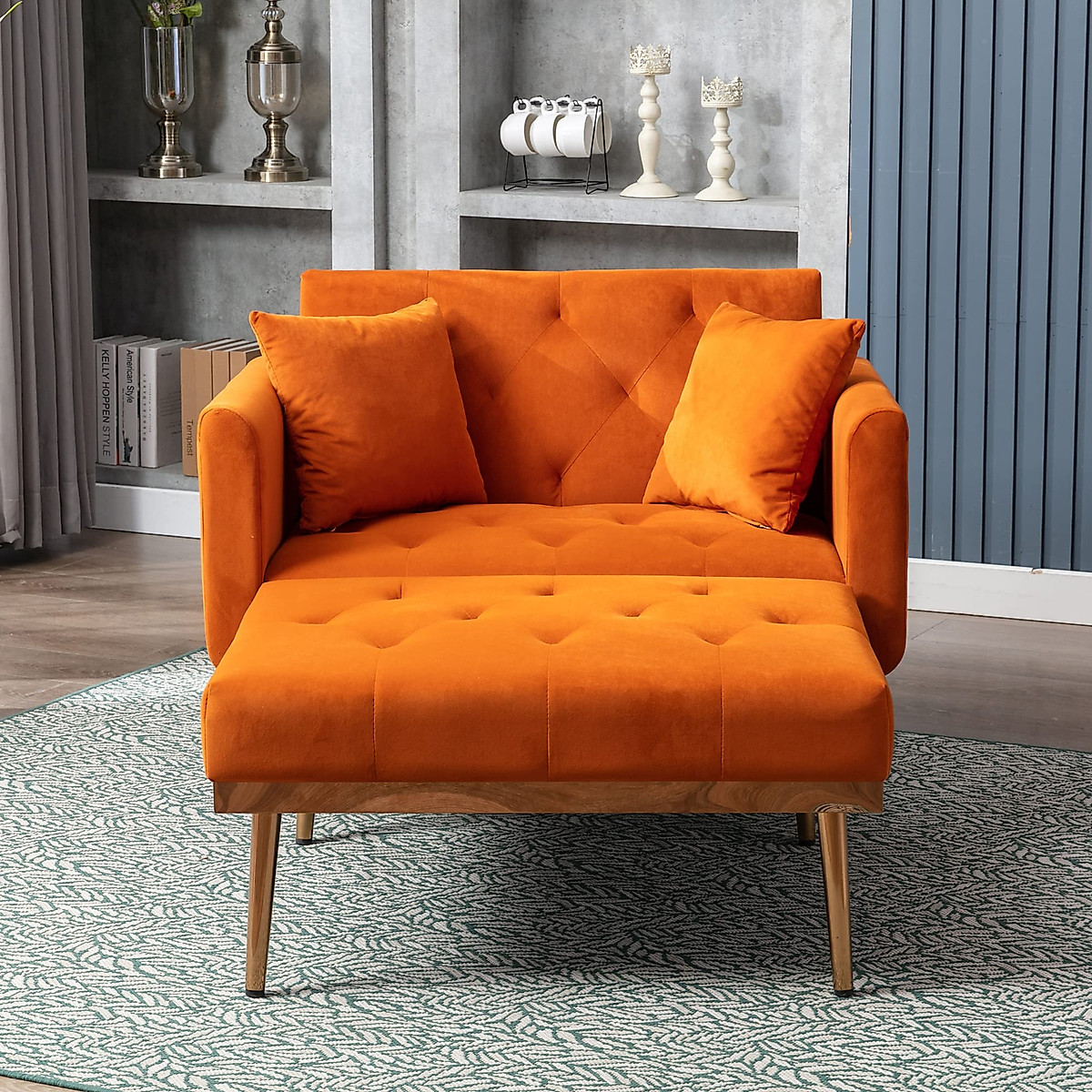 HomSof Adjustable Backrest Chaise Lounge Velvet Sofa Bed with Thick Padded, Convertible Reclining Chair with Rose Golden Metal Legs