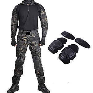 HAN·WILD Men's Military Uniform Tactical Suit Combat Shirts and Pants Airsoft Paintball Clothing with Knee Pads