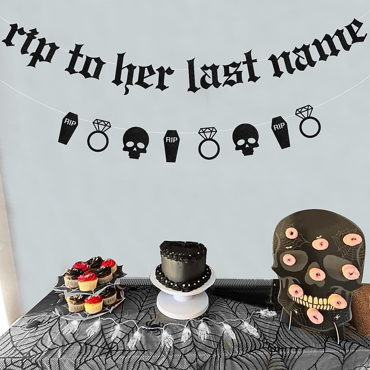 Sursurprise Gothic Bachelorette Party Decorations, Rip to Her Last Name Banner, Old English Emo Bridal Shower Engagement Wedding Party Supplies