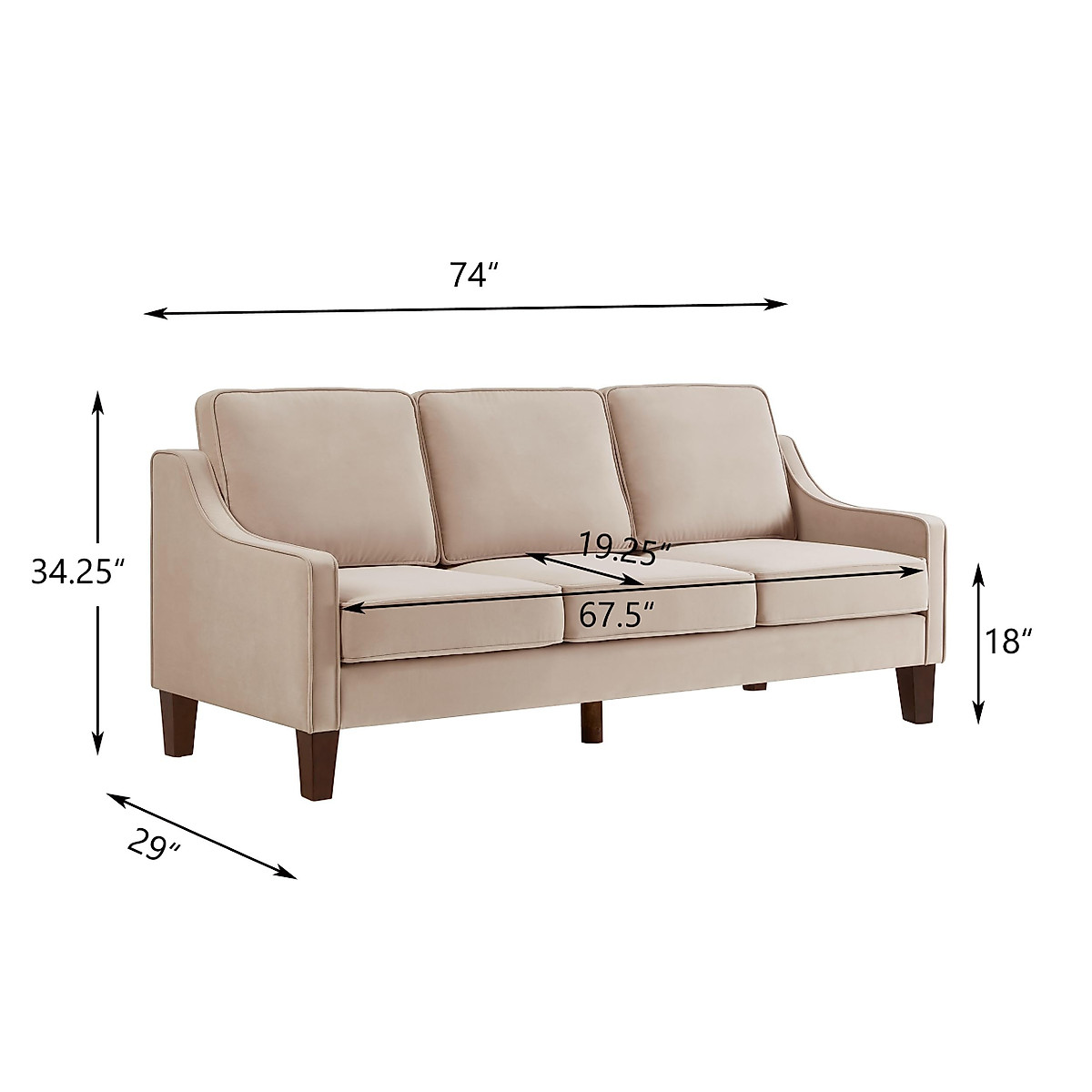 FAVSH Velvet Upholstered 3 Seats Sofa Couch with Wooden Legs and Removable Cushions for Livingroom,Apartment,Office,Taupe, 74" W