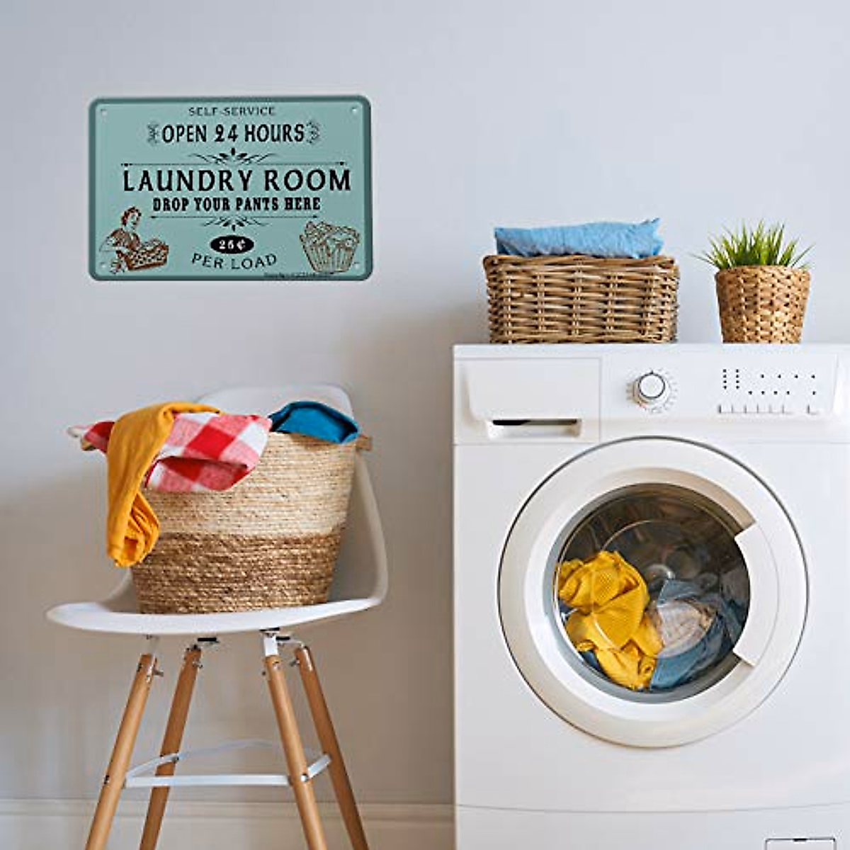 ANJOOY Retro Metal Tin Signs - Self Service Open 24 Hours Laundry Room Drop Your Pants Here 25 Per Load - Vintage Iron Sign for Commercial Home Cafes Homes Bars Funny Door Art Wall Decor 8"x12"