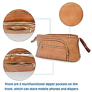 KZNI Leather Baby Stroller Organizer with Insulated Cup Holders,Diaper Storage Secure Straps Pockets for Phone Compact Design Fit All Strollers(brown)