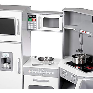 Amazon Basics Kids Corner Wooden Kitchen Toy Playset with Stove, Oven, Sink, Fridge and Accessories, for Toddlers, Preschoolers, Children Age 3+ Years, White & Gray, 39.37"L x 28.35"W x 35.04"H