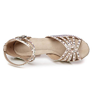 JUODVMP Women's Latin Dance Shoes Rhinestones Satin Ballroom Dance Shoes Salsa Professional Dance Shoes,Model 430,3 inch Heel,Nude,7 US