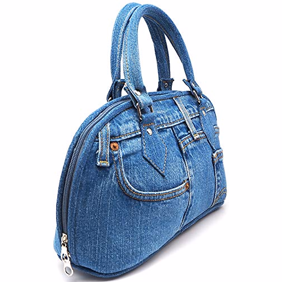 Bijoux De Ja Upcycling Blue Denim Trim Curved Shape Top Handle Handbag Purse (denim)