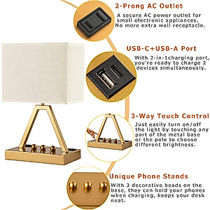 Briever USB Touch Control Table Lamp, 3-Way Dimmable Desk Lamp with USB C & USB A and AC Outlet, Bedside Lamp with Phone Stand and Fabric Shade for Bedroom, Living Room,Bulb Included, Gold