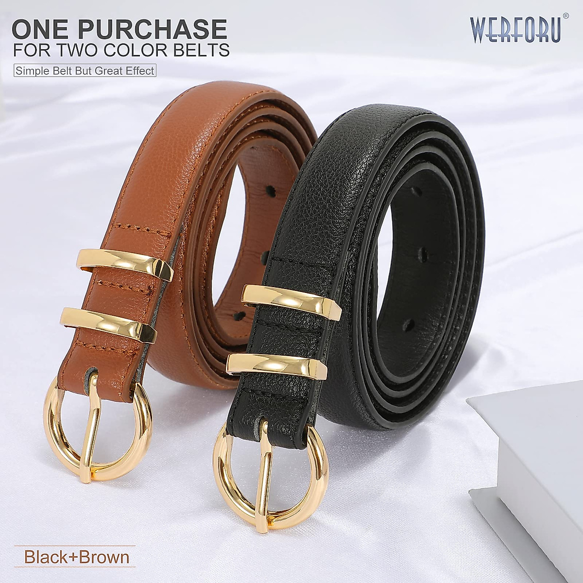 WERFORU 2 Pack Women Leather Belt Waist Skinny Dress Belts Solid Pin Buckle Belt for Jeans Pants
