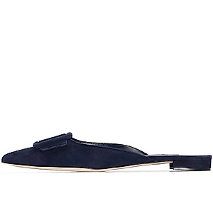 Divanne Mules for Women, Buckle Flat Mules Pointed Toe Backless Mule Slides Suede Slip On Loafers-Navy Blue-Suede-8.5M US