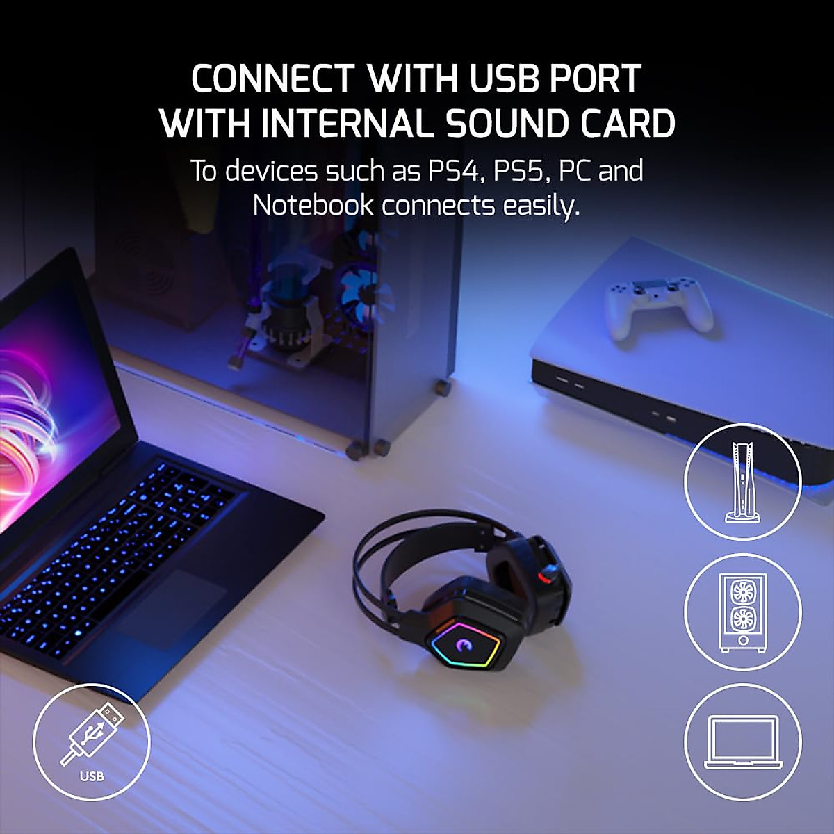 GAMEPOWER Mihawk USB Gaming Headset - 7.1 Virtual Surround Sound, Wired RGB Led Headphones with 50MM Drivers, Comfort Design, 360 Spatial Audio, Noise Cancelling Mic, PC, Laptop, Black