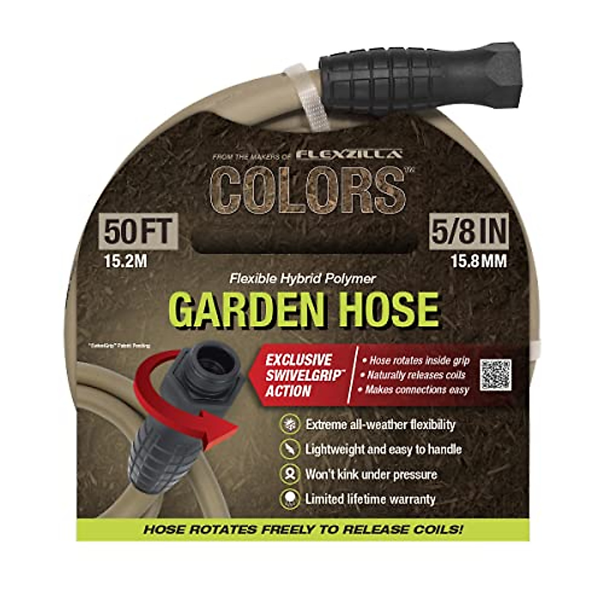 Colors Garden Hose with SwivelGrip, 5/8 in. x 50 ft., Drinking Water Safe, Brown Mulch - HFZC550BRS