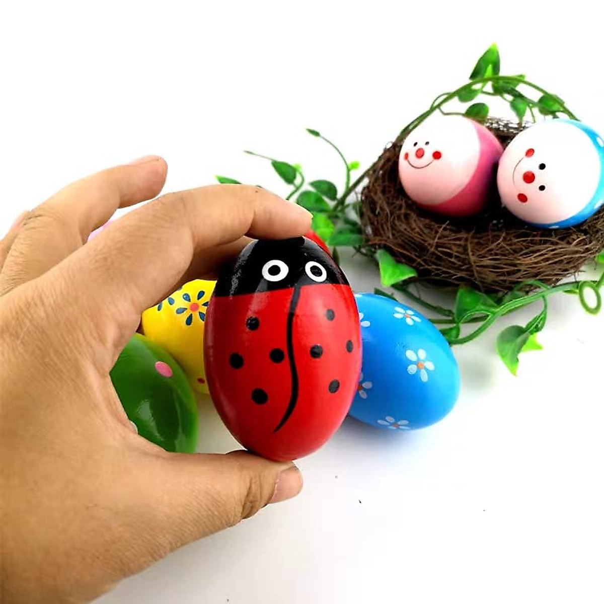 ANGJINY 6 Pack Easter Egg Shakers Maracas Natural, Wooden Musical Stocking Stuffers Percussion Instruments - basket Stuffers Easter Gift