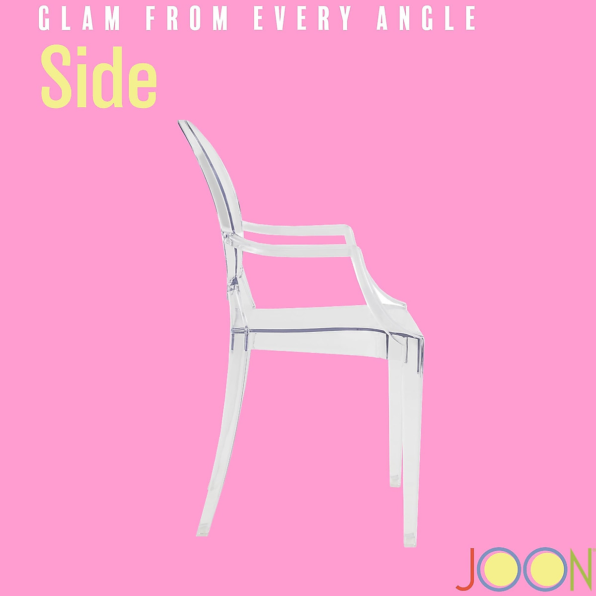 JOON 2 Pack Kids Ghost Chairs with Armrest Transparent, 25x13x14.5 Inches, Polycarbonate Material, 12.75” Seat Height, Stackable, for Toddler Parties, Playroom, Daycare, Home (Transparent Clear)