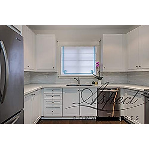 LOGANOVA Custom Flat Roman Shade with white background and baby blue Greek key border. Premium lining and chain mechanism.