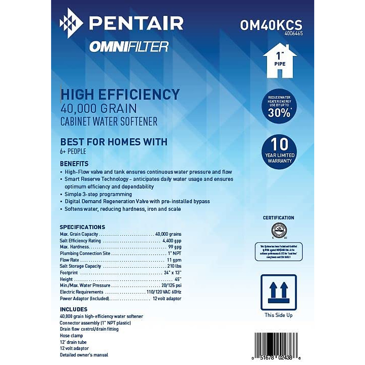Pentair OMNIFilter OM40KCS 40,000 Grain Water Softener System, High Efficiency Cabinet Softener with Demand Regeneration
