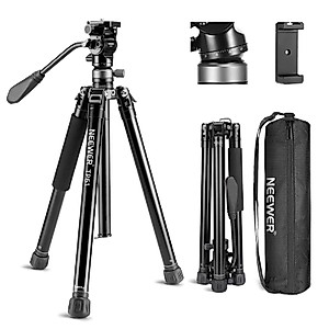 NEEWER 61.4" Video Travel Tripod with +/-10° Leveling Base Fluid Head (⌀37mm), Compact Metal Camera Tripod Stand with Quick Release Reversible Legs & Detachable Center Column, Arca Plate, TP61
