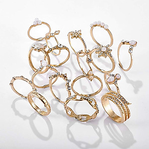 Aimimier 17 Pcs Bohemian Stackable Joint Knuckle Ring Set Crystal Opal Genstone Sun Star Finger Ring Diamond-studded Midi Rings for Women