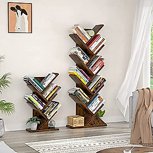 Topfurny Tree Bookshelf, 9-Tier Shelf Rustic Brown Bookcase, Retro Wood Storage Rack for CDs/Movies/Books, Anti-Fall Utility Organizer Shelves for Living Room, Bedroom, Home Office, Rustic Brown