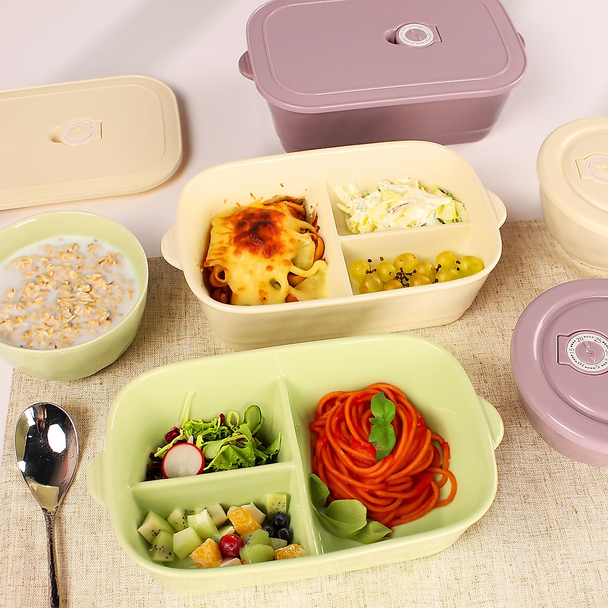 LIUYWYHCF Ceramic Storage Food Containers with Lids (12 Pieces Total) Set of 6, Ceramic Meal Prep Containers, Airtight lunch Containers with Lids - Microwave and Freezer Safe, Round