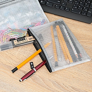 AUSTARK 10 Pcs Zipper File Bags, Waterproof Plastic Mesh Pouch for Office School, Board Game Storage Bags (B6 Size 7.6''x5.3'', White and Black)