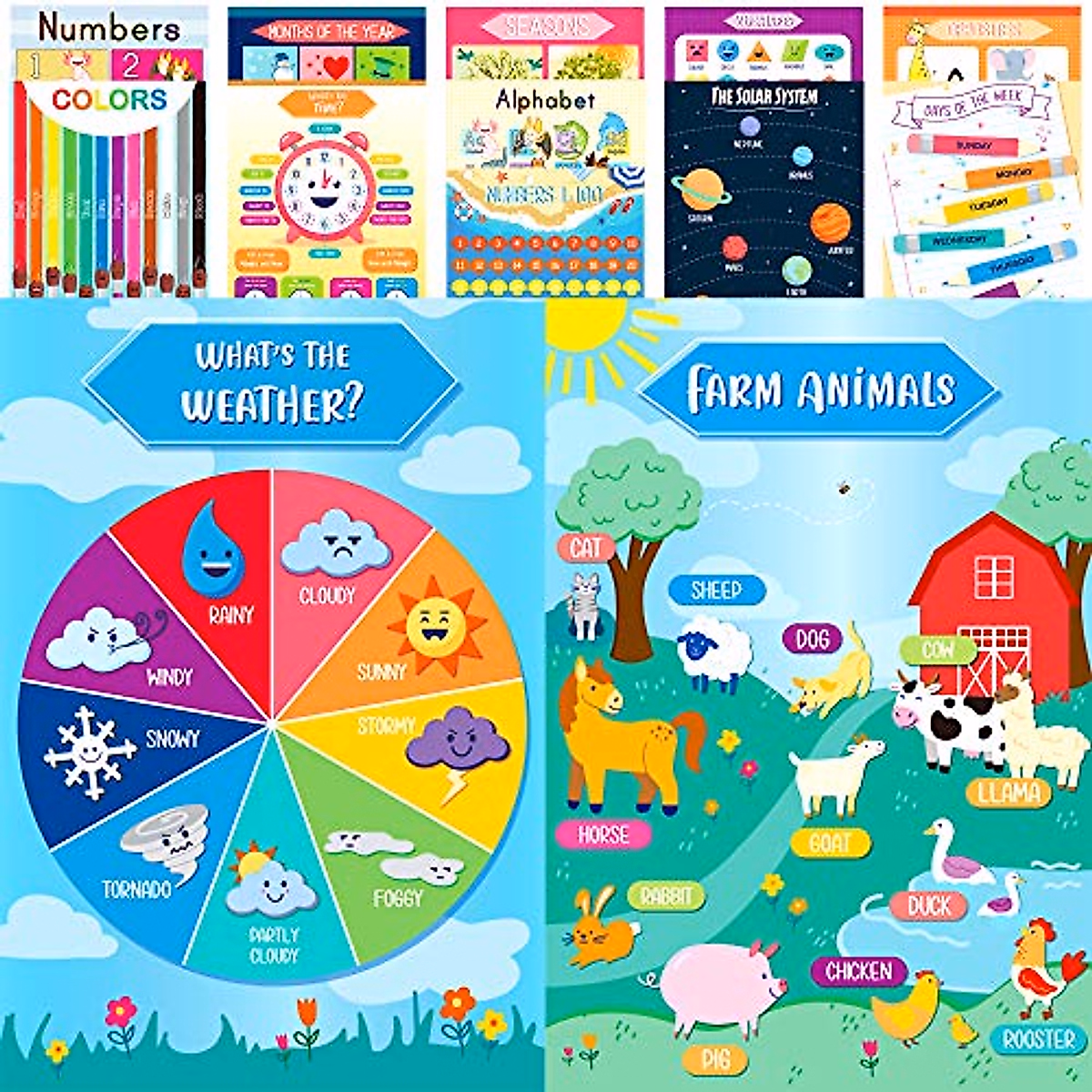 Youngever 13 Pack Laminated Educational Preschool Posters for Toddlers and Kids, Learning Posters, Classroom Posters, Teaching Posters, Alphabet ABC Posters, with Solar System (16 x 11 inch)