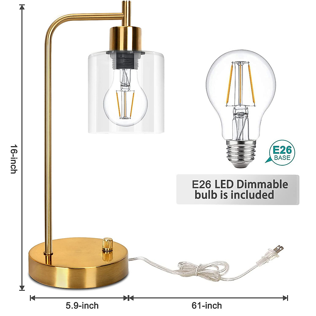 Gold Industrial Table Lamp with 2 USB Ports, Elizabeth Vintage Desk Lamp, 3-Way Dimmable Bedside Reading Lamp with Glass Shade for Bedroom Living Room Office, LED Nightstand Lamp with Edison E26 Bulb