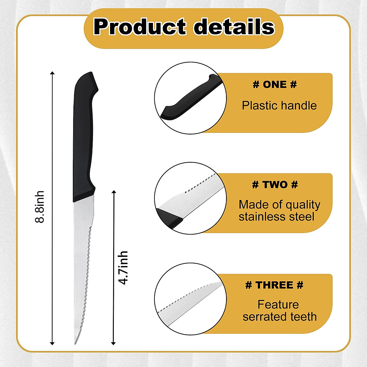 Therwen 100 Pieces Serrated Edge Pointed Tip Steak Knives Stainless Steel Steak Knife with Serrated Edge 8.8 Inch For Kitchen Restaurant Tableware Camping