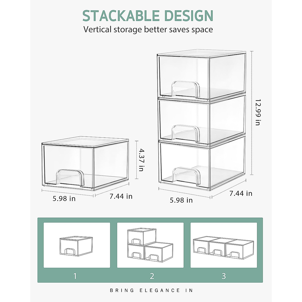 Syntus 3 Piece Set Stackable Makeup Organizers, 4.4'' Tall Acrylic Drawer Organizer, Clear Plastic Cosmetics Storage Drawers for Vanity, Undersink, Bathroom Organizer, Skincare, Kitchen Cabinets