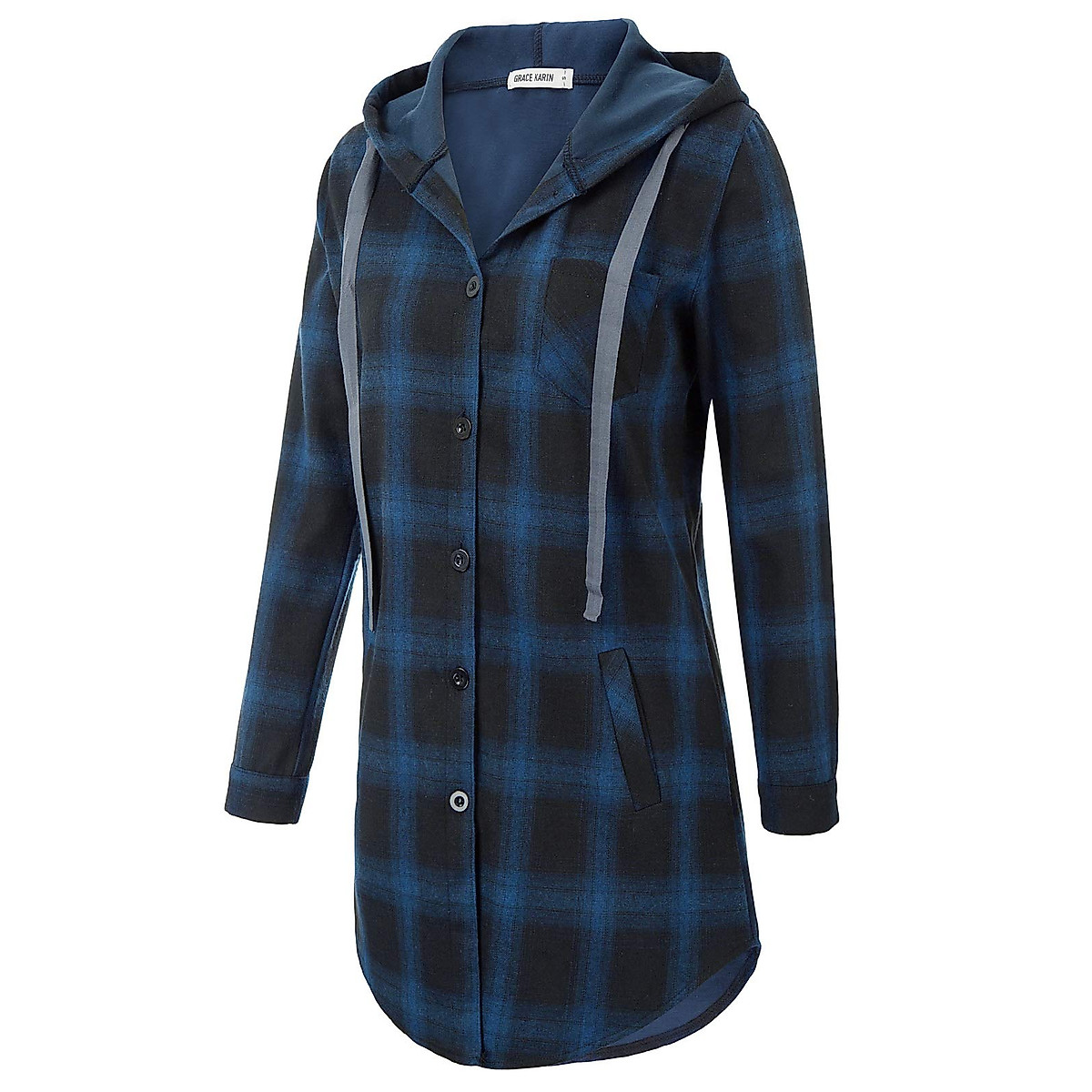 GRACE KARIN Womens's Long Sleeve Plaid Shirts Flannels Cotton Check Hooded Shirt S Blue