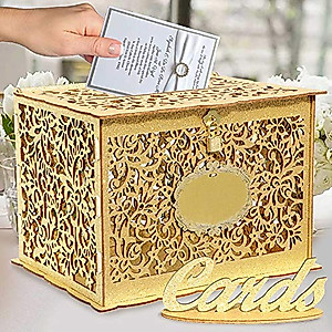 OurWarm Glittery Gold Wedding Card Box with Lock, Wood Gift Card Box Holder Money Box for Wedding Reception Birthday Party Baby Shower, Open House Celebration or Graduation Party Decorations