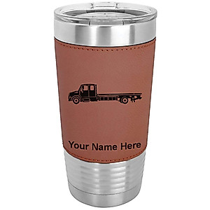 LaserGram 20oz Vacuum Insulated Tumbler Mug, Flat Bed Tow Truck, Personalized Engraving Included (Faux Leather, Dark Brown)