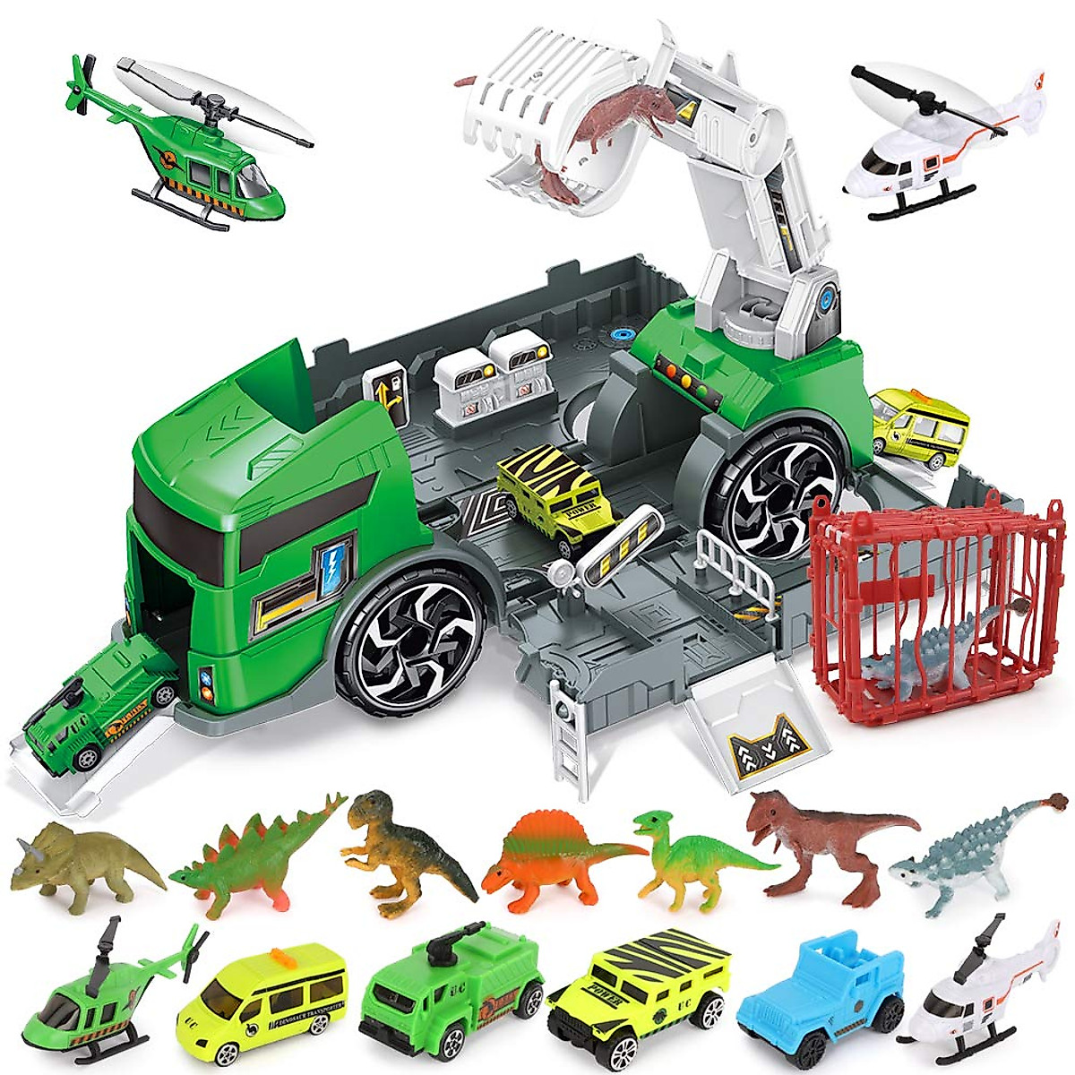 Siairo Dinosaur Toys, Dinosaur Truck Carrier, Dinosaur Transport Truck Car Toy for Kids 3 4 5 Year Old, with 3 Cars, 3 Dinosaurs, Manipulator, Helicopter, Cage, Gift for Boys Kids Toddlers