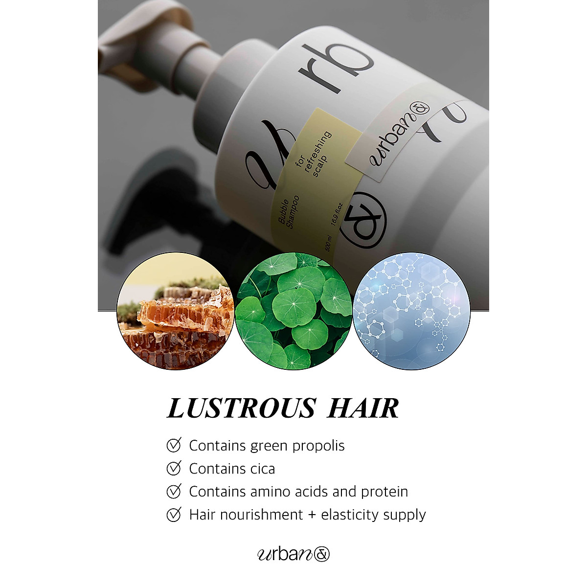 URBANAND Bubble Shampoo | Hair Breakage Repair & Scalp Care Cleansing Shampoo | Korean Beauty Hair Care Dry Scalp Shampoo w/Green Propolis & Cica Complex for Hair Shine & Scalp Revival (16.9oz)