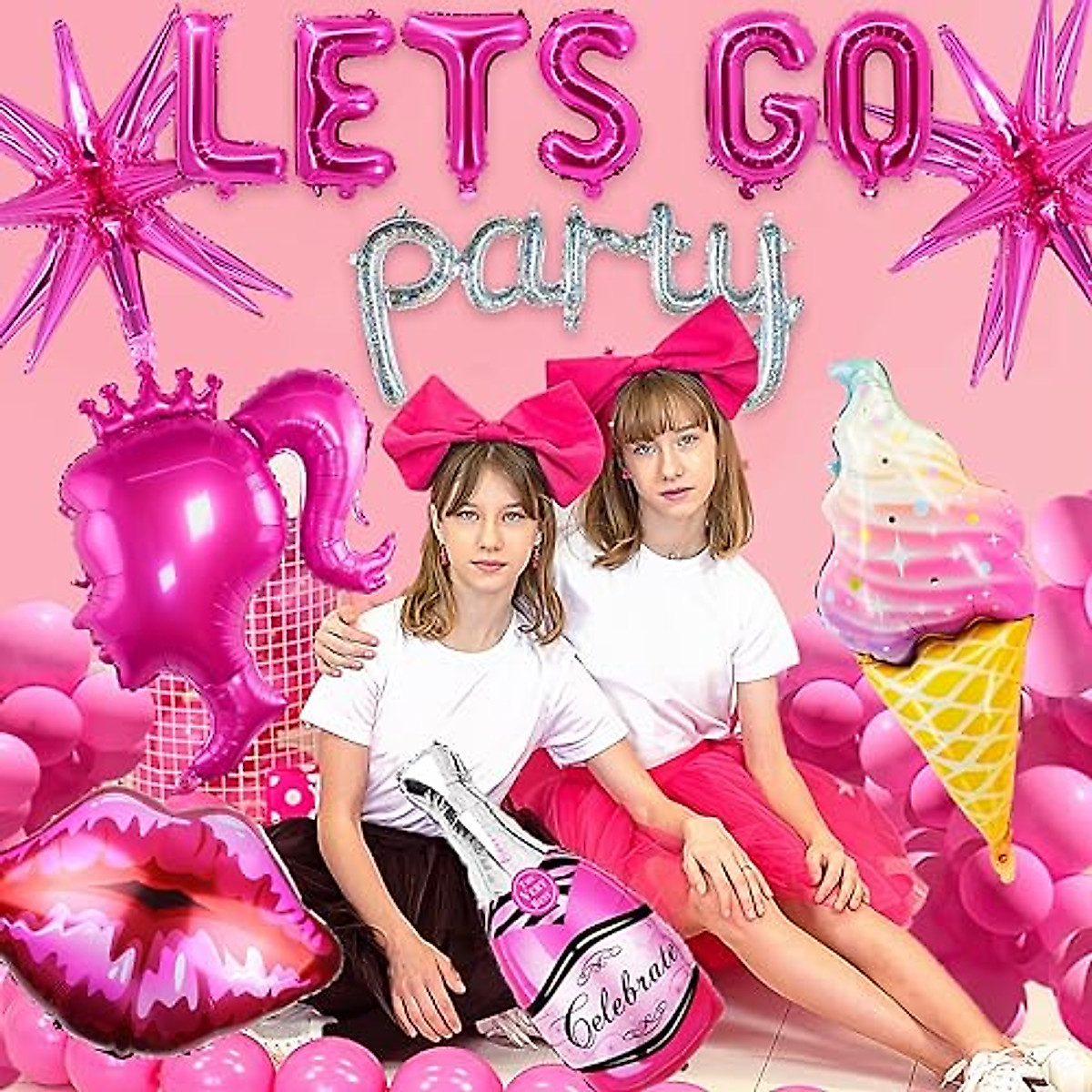 13 PCS Hot Pink Foil Balloon Letter LETS GO Party Decorations Pink Girls Pink Princess Doll Theme Party Kids Baby Shower Wedding Princess Theme Party Decorations Backdrop