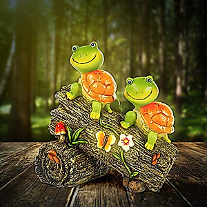 WOGOON Garden Turtle Figurines Outdoor Decorations, Solar Powered Sweet Frog Face Turtles Resin Statue with 4 LED Lights, Garden Art Spring Fall Winter Christmas Decor for Patio Lawn Yard