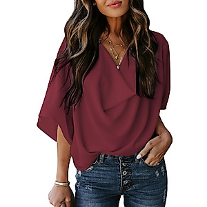 Dokotoo Spring Summer Short Sleeve Wrap Draped Front Tops for Women Work Casual Sexy V Neck Ladies Chiffon Shirts for Women Trendy 2025 Cute Floral Print Blouses for Women Business Casaul,Red,Small