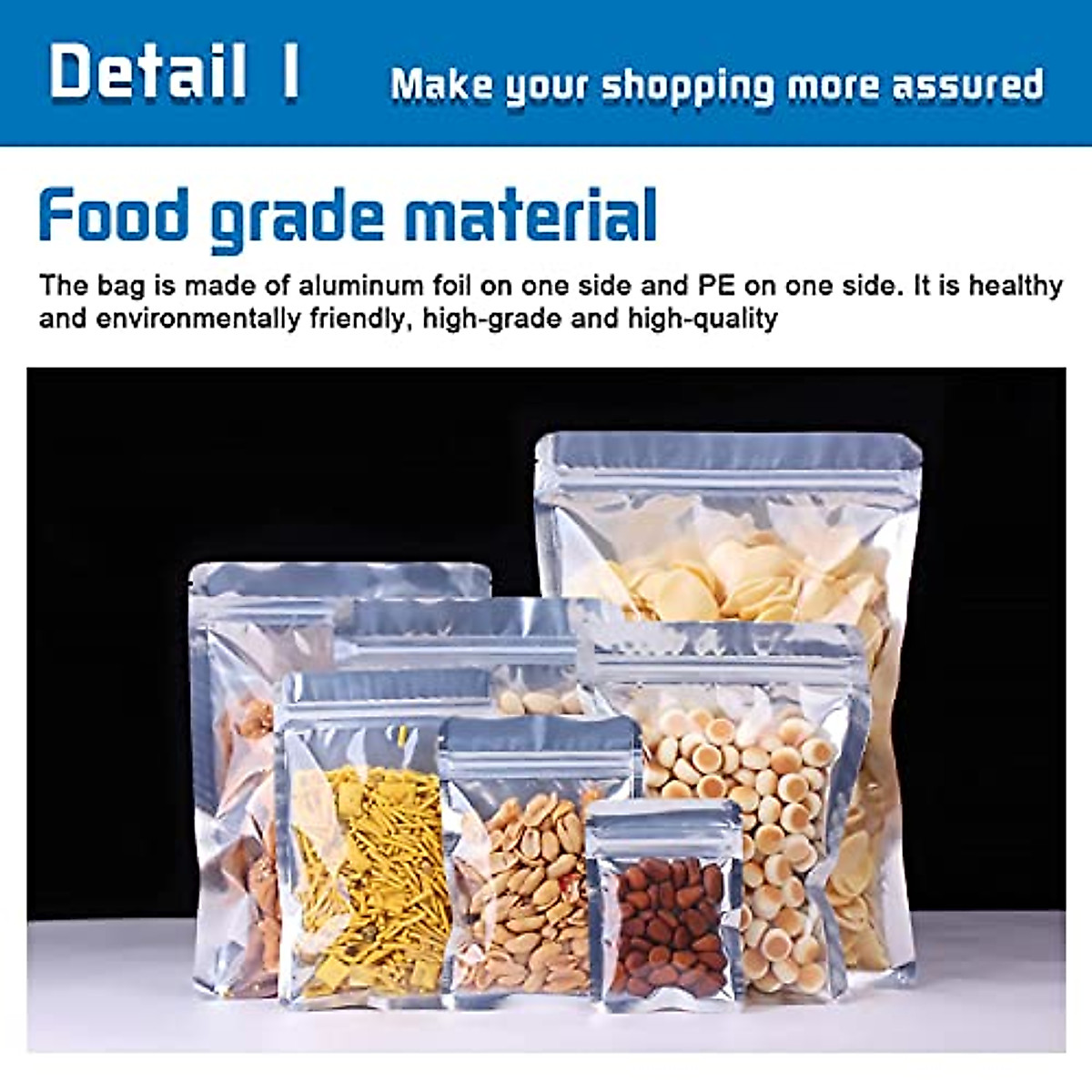 Resealable Mylar Bags Stand Up Food Storage Aluminum Foil Bags 50 Pack Reusable Pouches 5 Different Sizes for Beans Coffee Cookie Snack Food Dried Flowers Tea