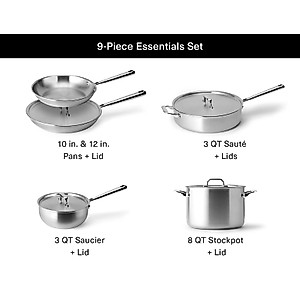 Misen 5-Ply Stainless Steel Cookware Set: 3 QT Stainless Steel Saucier with Lid, 3 QT Saute Pan with Lid & 10" Frying Pan - Excellent Searing, Sauteing & Everyday Cooking 9-Piece Set
