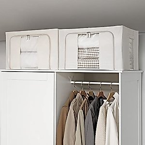 SHIMOYAMA Foldable Large Storage Bag, 2 Pack, 73L and 90 L, Fabric Stackable Containers with Metal Frame, Large Storage Box Set Organizer with Clear Window and Carry Handles for Bed, Closet