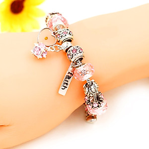 Silver Tone Crystal Murano Glass Beads Snake Chain Bracelet Faith Mustard Seed Charm Crystal Bracelets for Women Y1924 (pink)