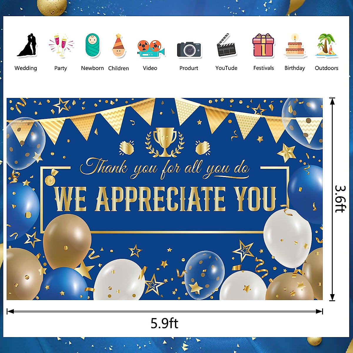 We Appreciate You Banner Backdrop -Wxiben Blue Employee Appreciation Decoration Thank You Nurse Teacher Banner Farewell Going Away Party Backdrop Supplies Work Anniversary Appreciation Decor(71*45 In)