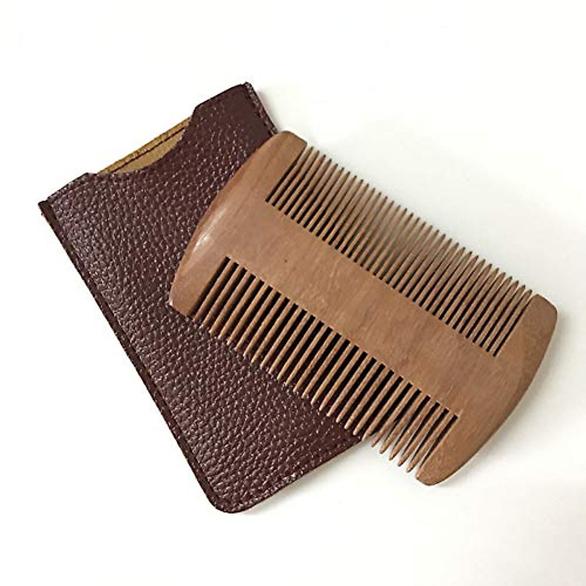 Wooden Beard Comb with PU Leather Case Pocket Beard Comb Fine & Coarse Teeth for Men Beards & Mustaches Grooming