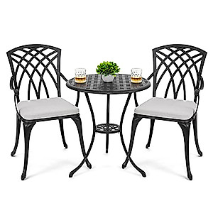 Nuu Garden 3 Piece Bistro Table Set Cast Aluminum Outdoor Patio Furniture with Umbrella Hole and Grey Cushions for Patio Balcony, Black with Golden Powder