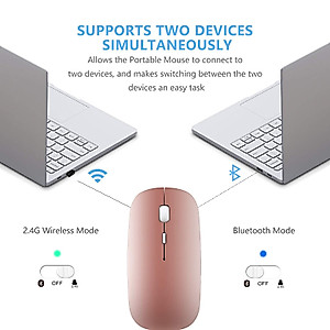 QIJIAYI 2.4GHz Wireless Bluetooth Mouse,Dual Mode Slim Rechargeable Wireless Mouse Silent USB Mice, 3 Adjustable DPI,Compatible for Laptop Windows MacBook Android MAC PC Computer (Rose Gold)