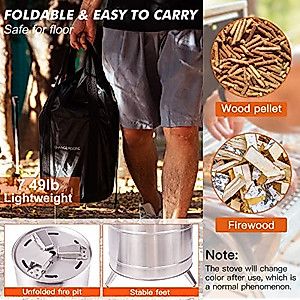 Portable Smokeless Fire Pit with Foldable Legs and Grill, Stainless Steel Outdoor Firepit Wood Burning Bonfire Pit with Carry Bag Safe for Campfire, Cooking, BBQ on Patio Deck Backyard and Beach