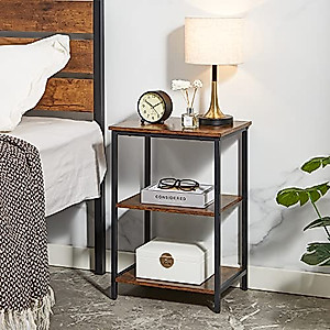 VECELO End Side Table with Storage Shelf, Industrial Night Stand, 3-Tier Small Nightstand for Living Room, Bedroom, 2 Pack, Brown/2pcs