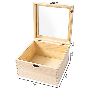 Useekoo Unfinished Wooden Display Box with Glass Top Hinged Lid, 7.9'' x 7.9'' x 4.7'' Small Wood Keepsake Storage Box, DIY Craft Box for Collectibles Jewelry Gift and Home Decorations