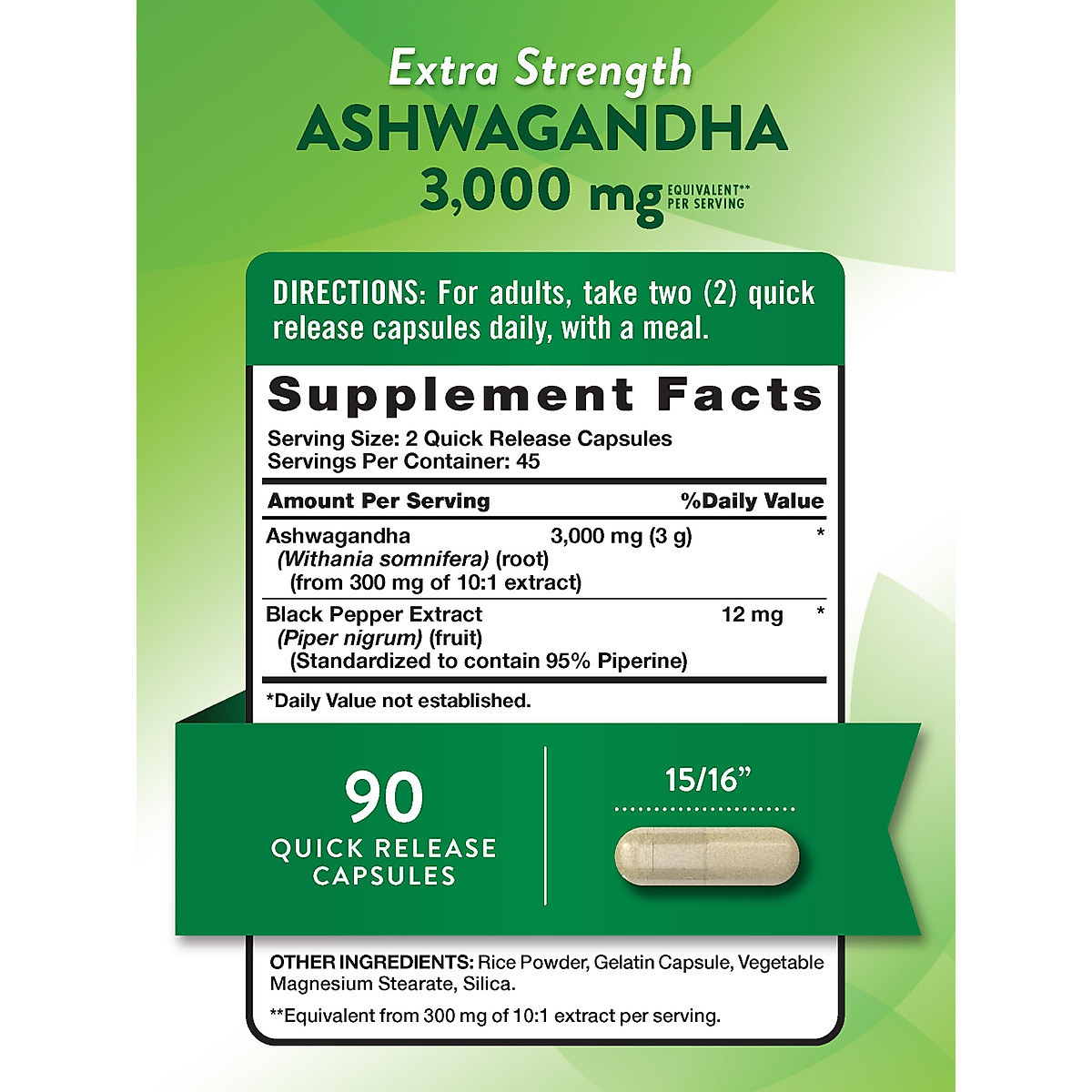 Nature's Truth Ashwagandha Capsules | 3000mg | 90 Count | Extra Strength | Ashwagandha Root Supplement with Black Pepper | Non-GMO & Gluten Free Supplement