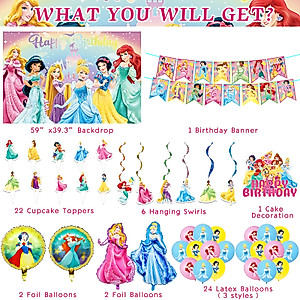 Princess Birthday Decorations - Princess Party Decorations include Banner Backdrop Ballons Cake Cupcake Toppers Haning Swirls, Princess Birthday Party Supplies