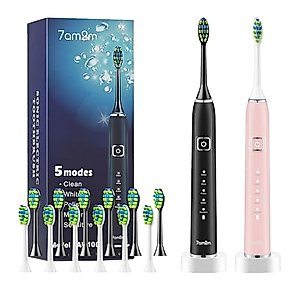 7AM2M Electric Toothbrush 2 Pack Set for Kids and Adults, 12 Brush Heads,5 Adjustable Modes, Built-in 2-Minute Smart Timer,Wireless Fast Charge for 60 Days,IPX7 Waterproof SonicToothbrush(Black+Pink)