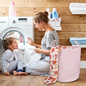 XUANGUO Cotton Rope Laundry Basket Hamper for Girls Kids Baby Nursery Hamper Bin Woven Storage Basket for Living Room Girls room Boho Tall Rope Baskets for Blanket Toys Large light pink